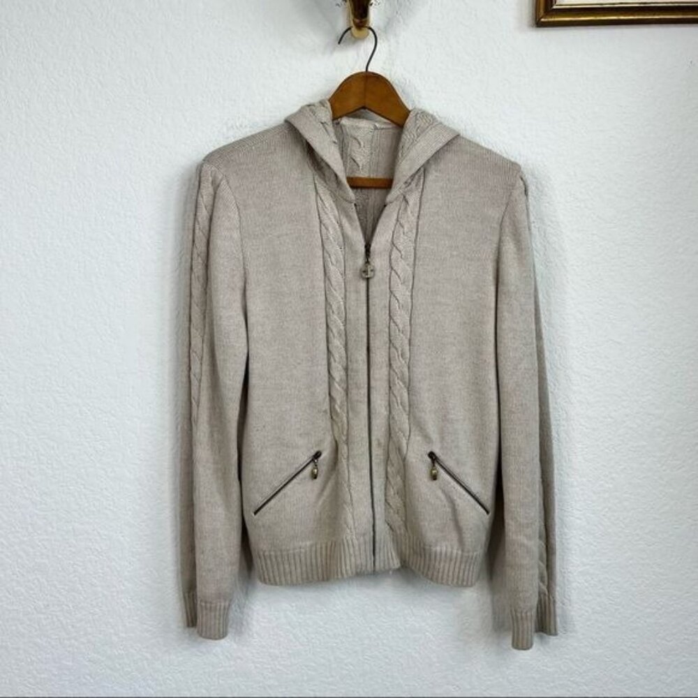 St John Cashmere Cable Knit Zip Up Hoodie Sweater - Gem